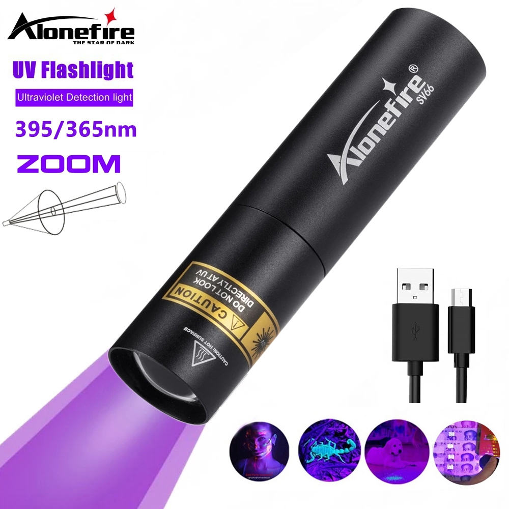 AloneFire SV66 Zoom Mini 395/365nm UV Flashlight USB Rechargeable ...