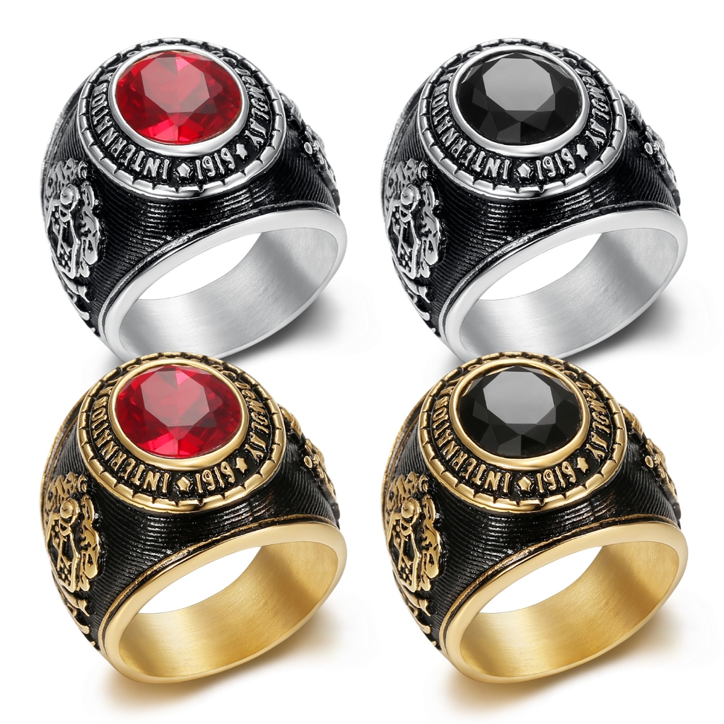 Mens Demolay Bull Ring Solid Stainless Steel Black Red Gemstone Size 7 ...