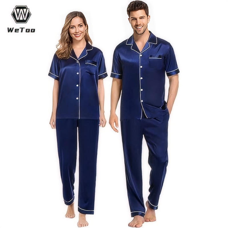 WeToo#Ice Silk Men's Pajamas with Long Pants Sleepwear Set Plain ...