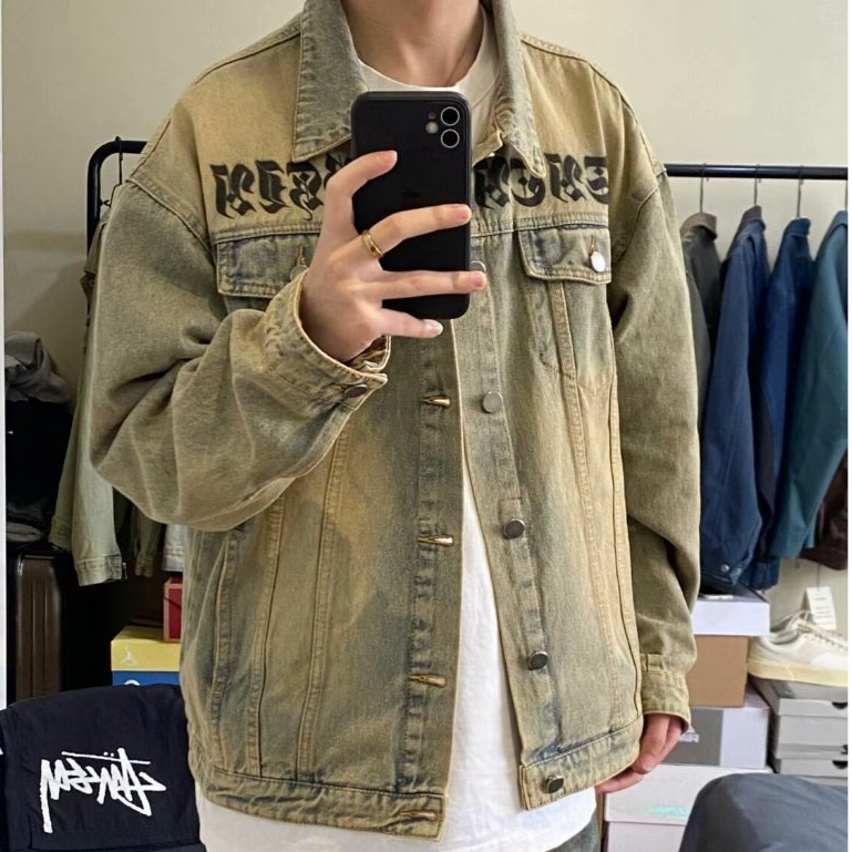 Men's Denim Jacket Yellow Mud Stained Water Distressed Vintage Casual ...