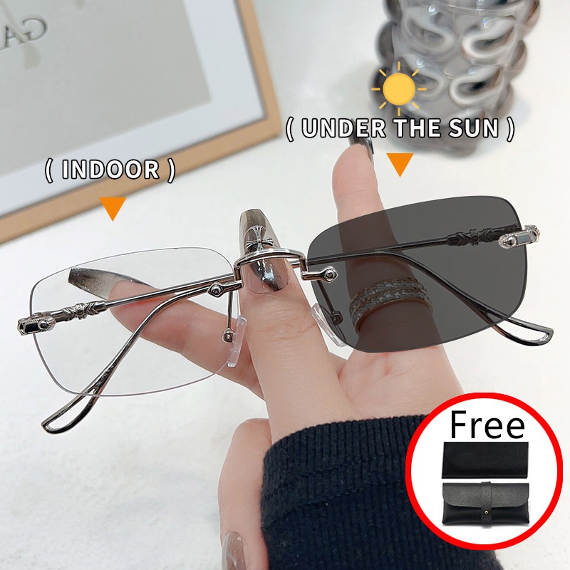 ( Free Case ) Photochromic Anti Radiation Glasses For Women Men Rimless ...