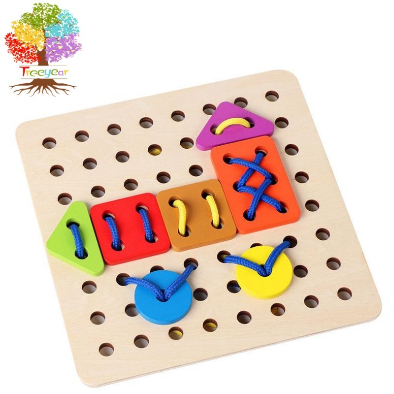 Educational Wooden Threading Toy, Colorful Shapes and Lacing Game for ...