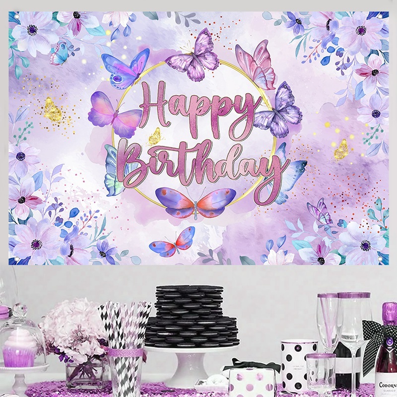 1.5*1M Polyester Purple Butterfly Backdrop Happy Birthday Background Cloth For Girl Butterfly ...