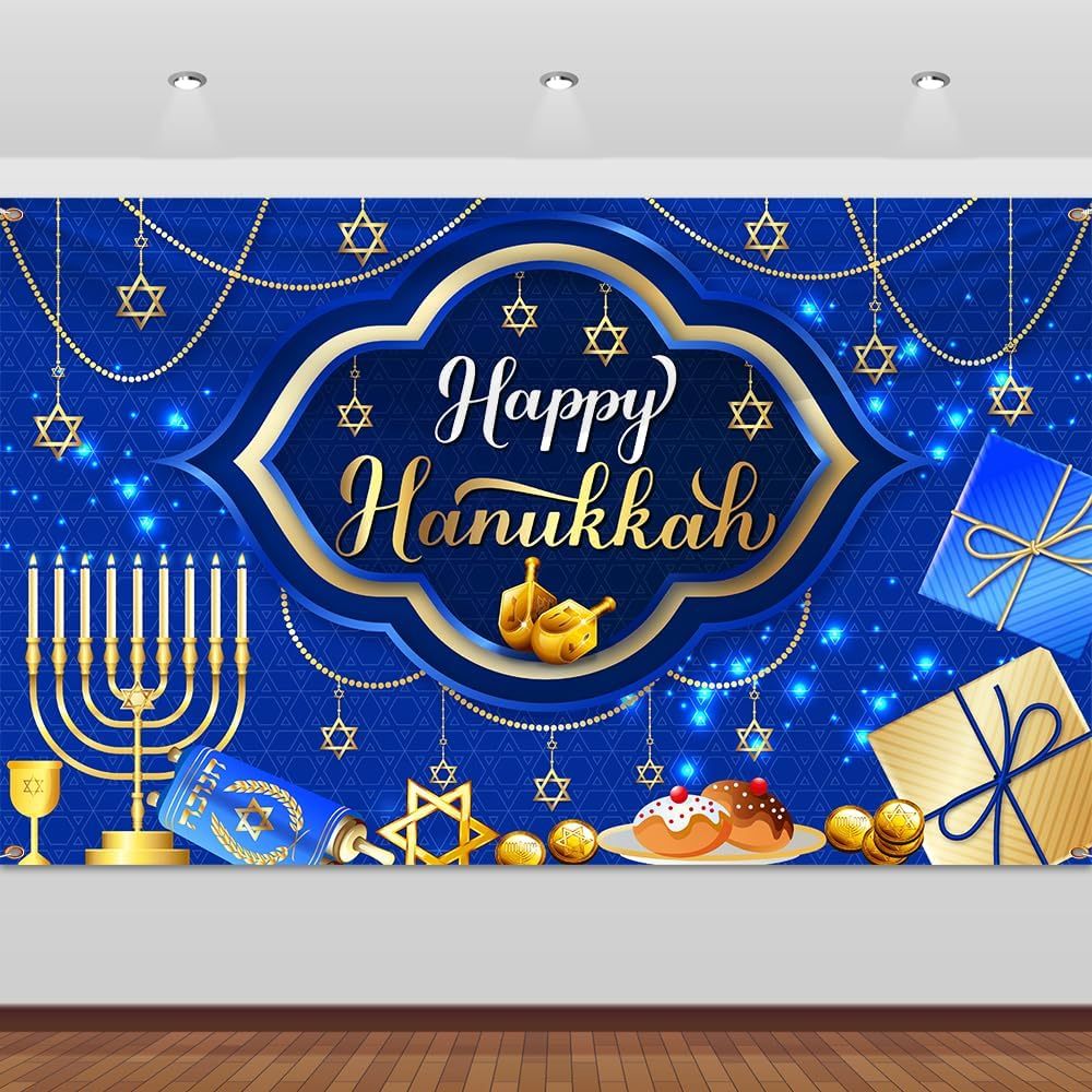 Happy Hanukkah Backdrop Banner Blue and Gold Fabric Jewish Chanukah ...