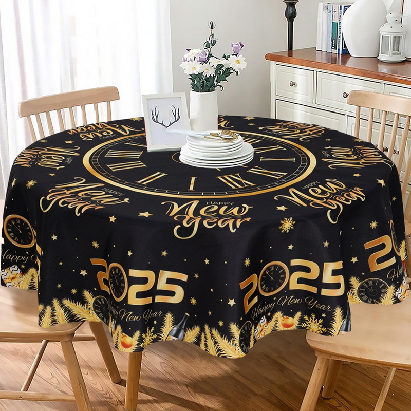 1.5M Black Gold New Year 2025 Round Table Cloth 4 Seaters Clock Design ...