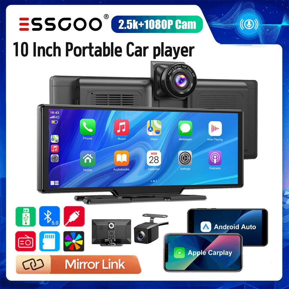 ESSGOO 10.26" Portable Wireless Carplay Radio Car Multimedia Player FHD ...