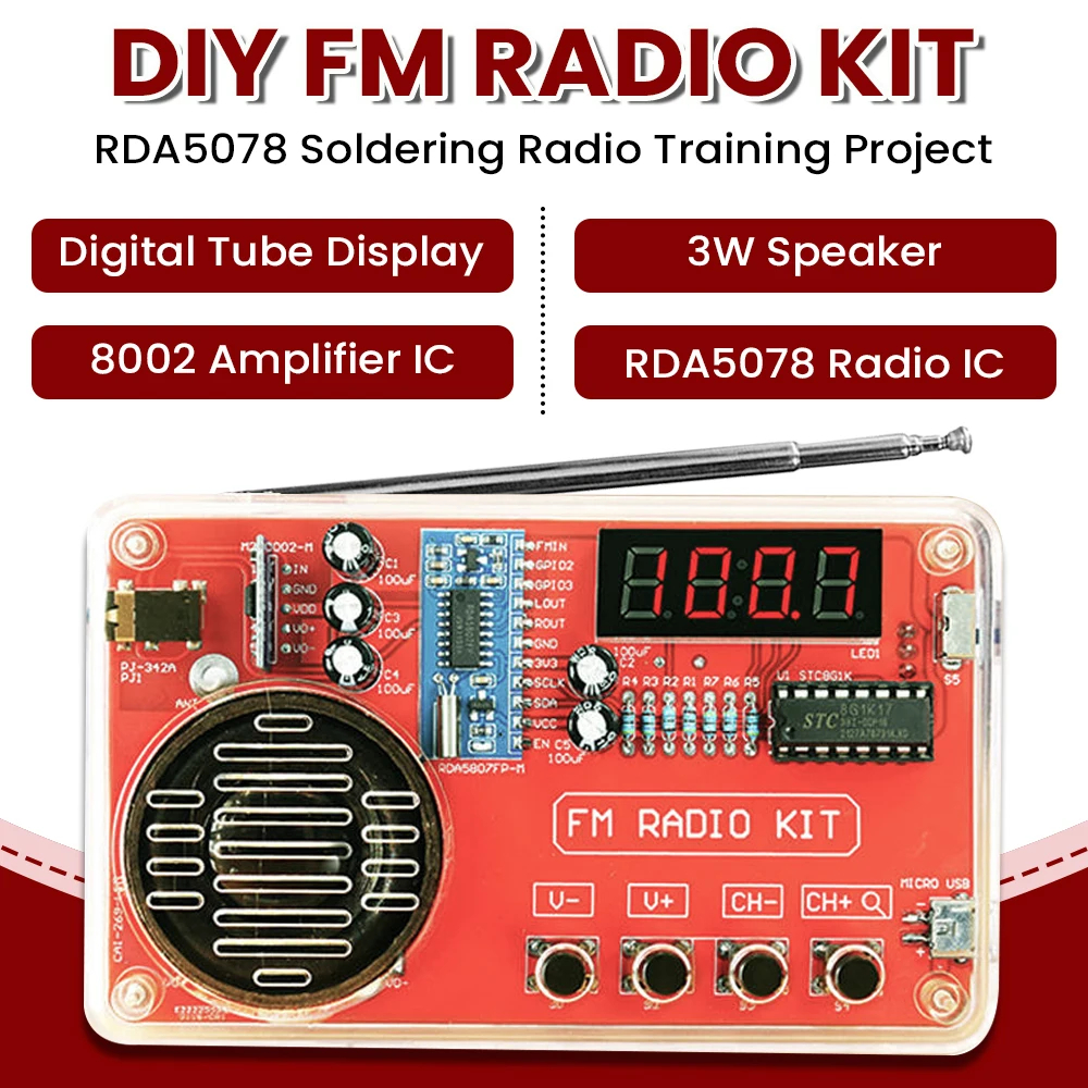 DIY FM Radio Electronic Kit 50-108MHz Adjustable IC RDA5807 with LED Digital Display DIY ...