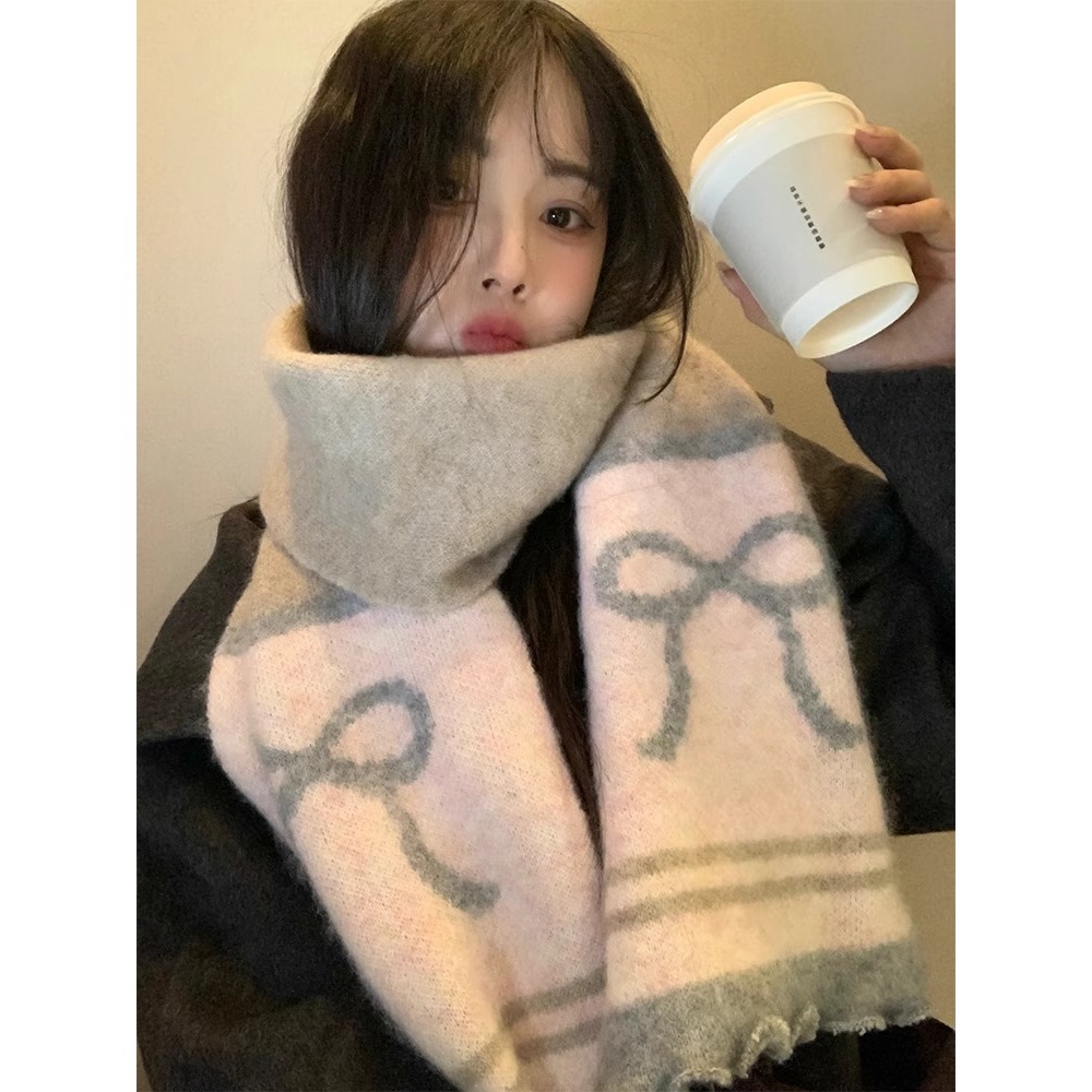 Japanese Bow Scarf Women 2024 New Style Autumn Winter Wool Stripes Lace ...
