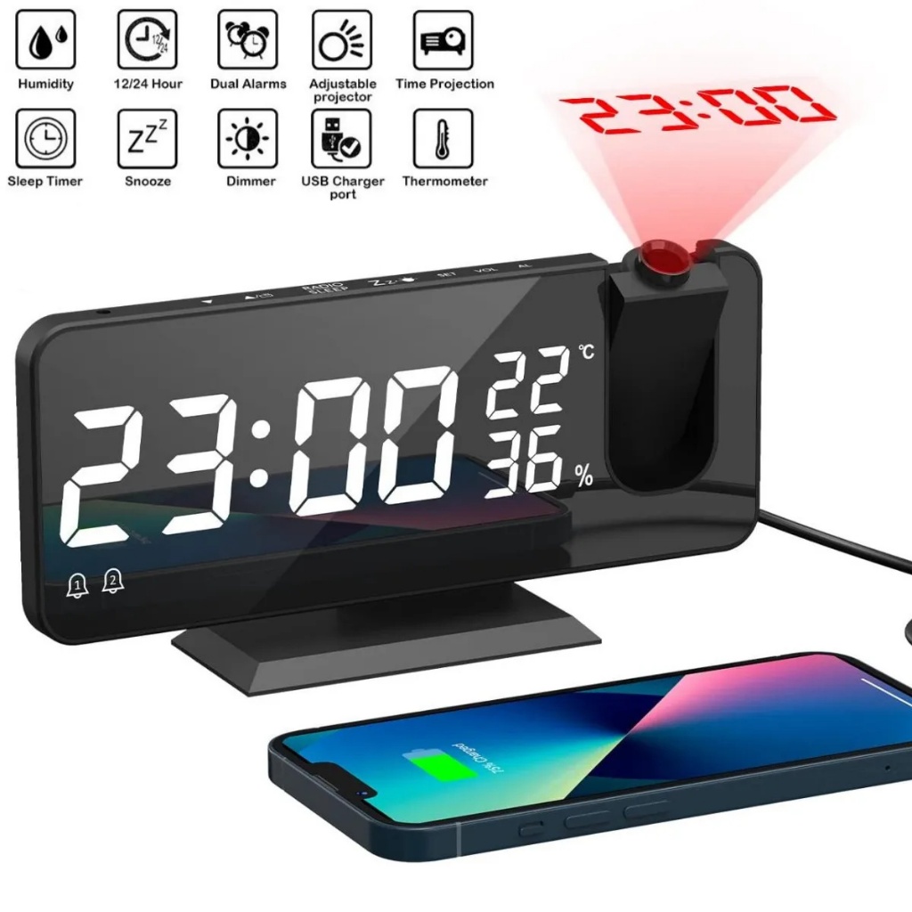 180° Rotation LED Digital Projection Alarm Clock USB Electronic Ceiling ...