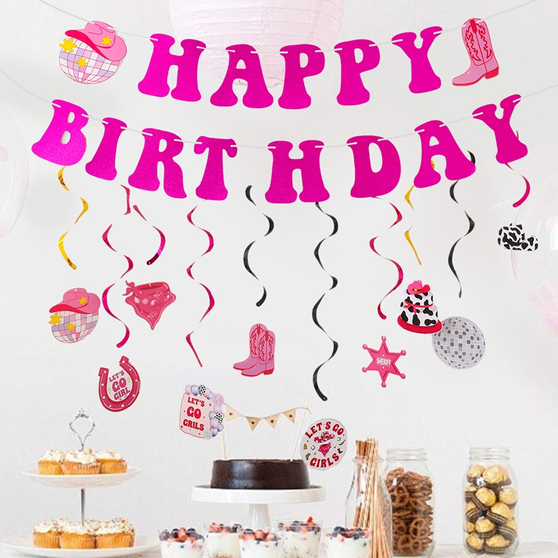 Cute Cowgirl Disco Theme Birthday Hanging Flag with Y2K Spiral Pendant ...