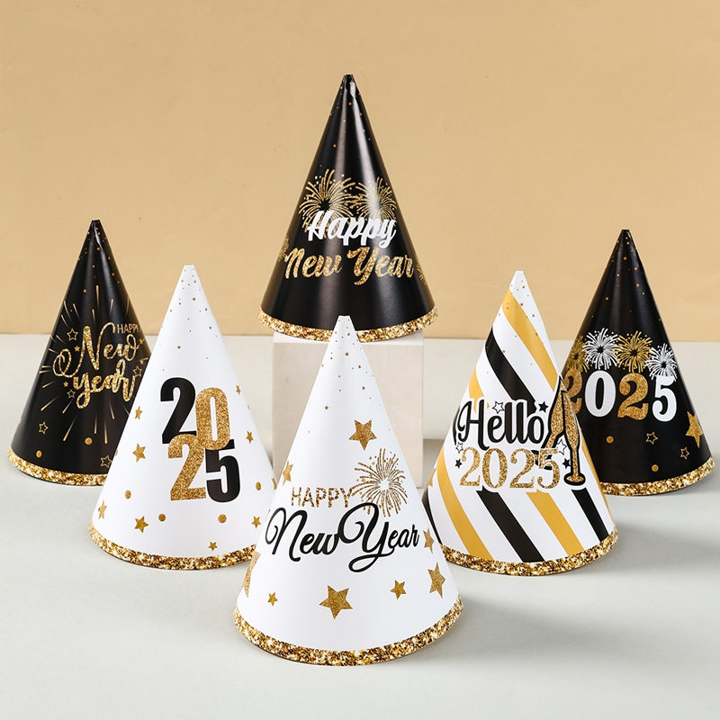 6pcs Mixed Happy New Year Paper Hat with Cord New Year 2025 Golden Edge ...