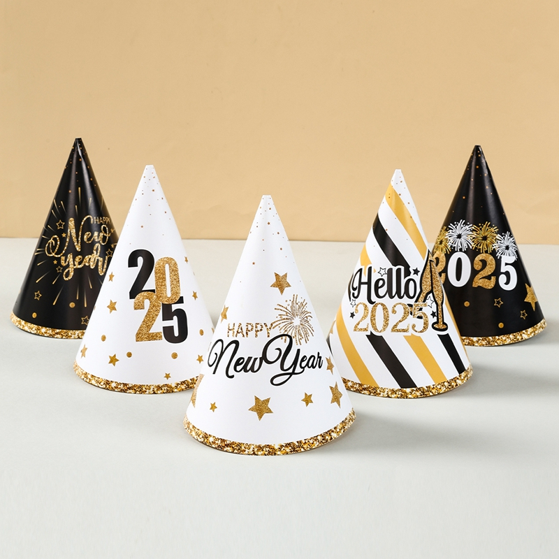 6pcs/set Black White Happy New Year Party Hat with Cord New Year 2025 ...