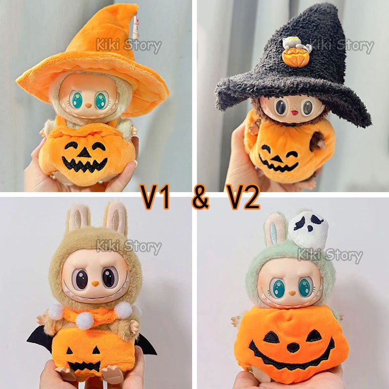 New Labubu V1 V2 Halloween Clothes Pumpkin Jumpsuit Witch Hat 17CM ...