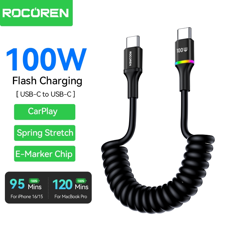Rocoren 100W 7A Spring USB Type C Cable for Car Styling Storage ...