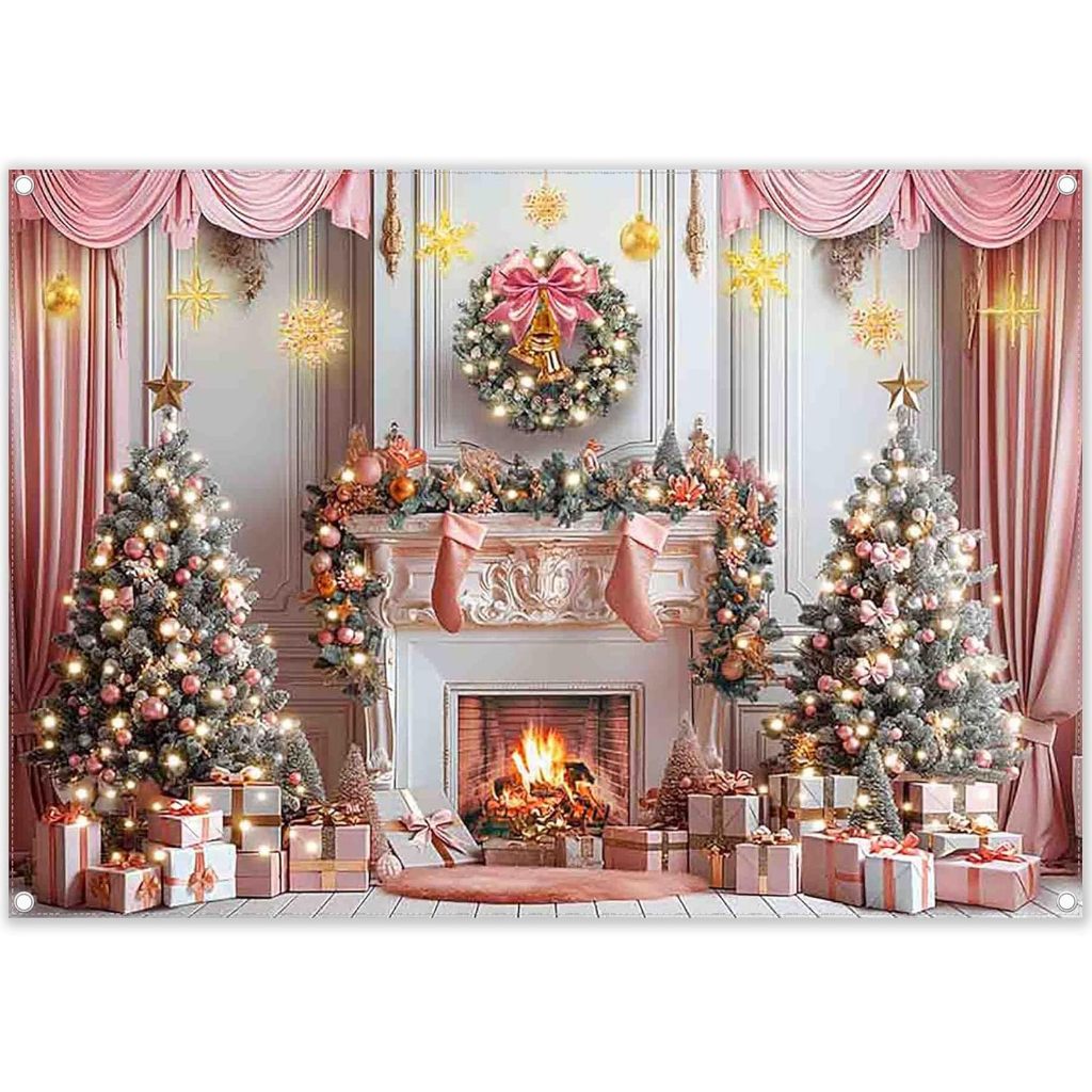 7x5ft Pink Christmas Photography Backdrop Fireplace Xmas Tree Winter ...