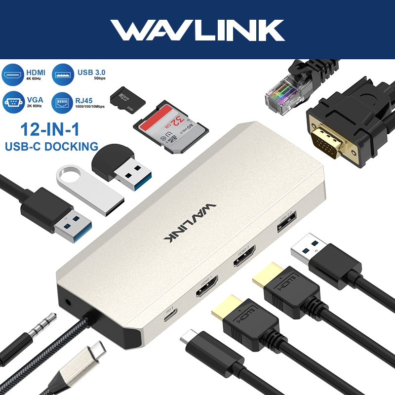 WAVLINK 12 IN 1 USB C HUB Triple Display Type-C Docking Adapter 4K HDMI 2K VGA 85W Laptop ...