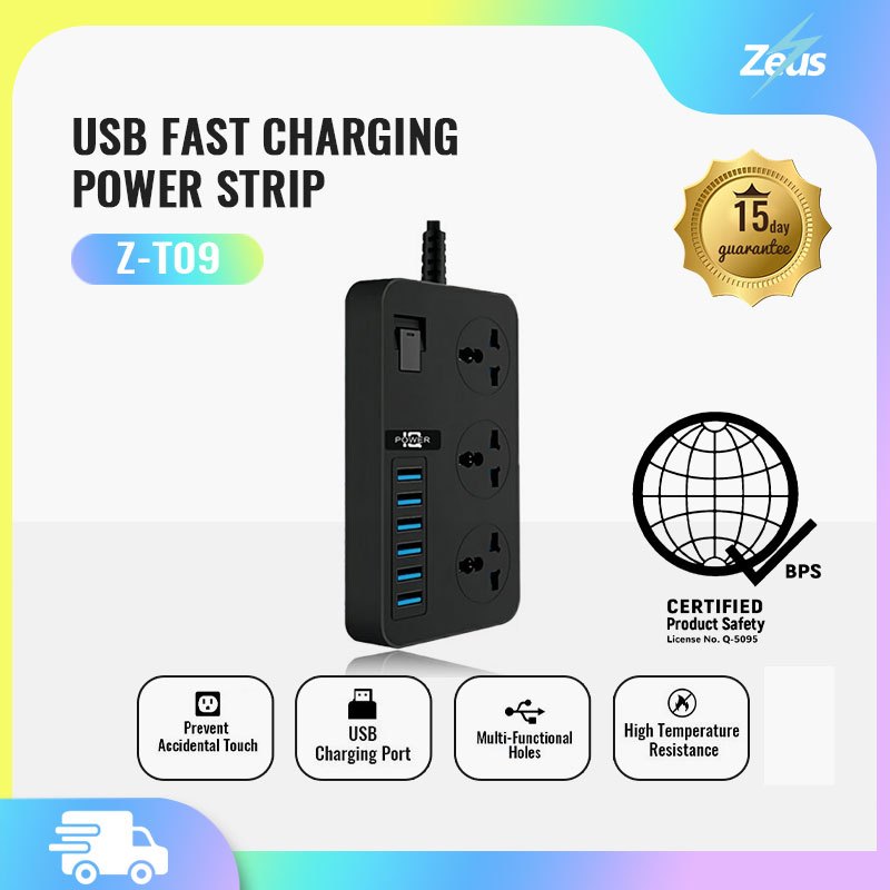Zeus Power Strip With 6 USB Ports 3 Socket Power Strips Plug Universal ...