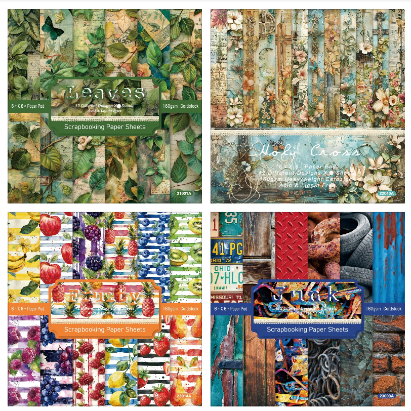 Paper Pack 6"x6" Leaves/fruit/cross 12 sheet Art Background Paper Card ...