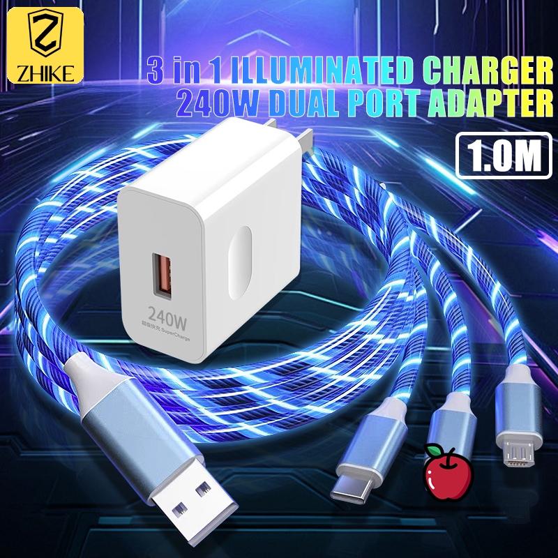 ZHIKE 3 in 1 Charger Cable Super Fast Charging Light Up LED Multi Phone ...