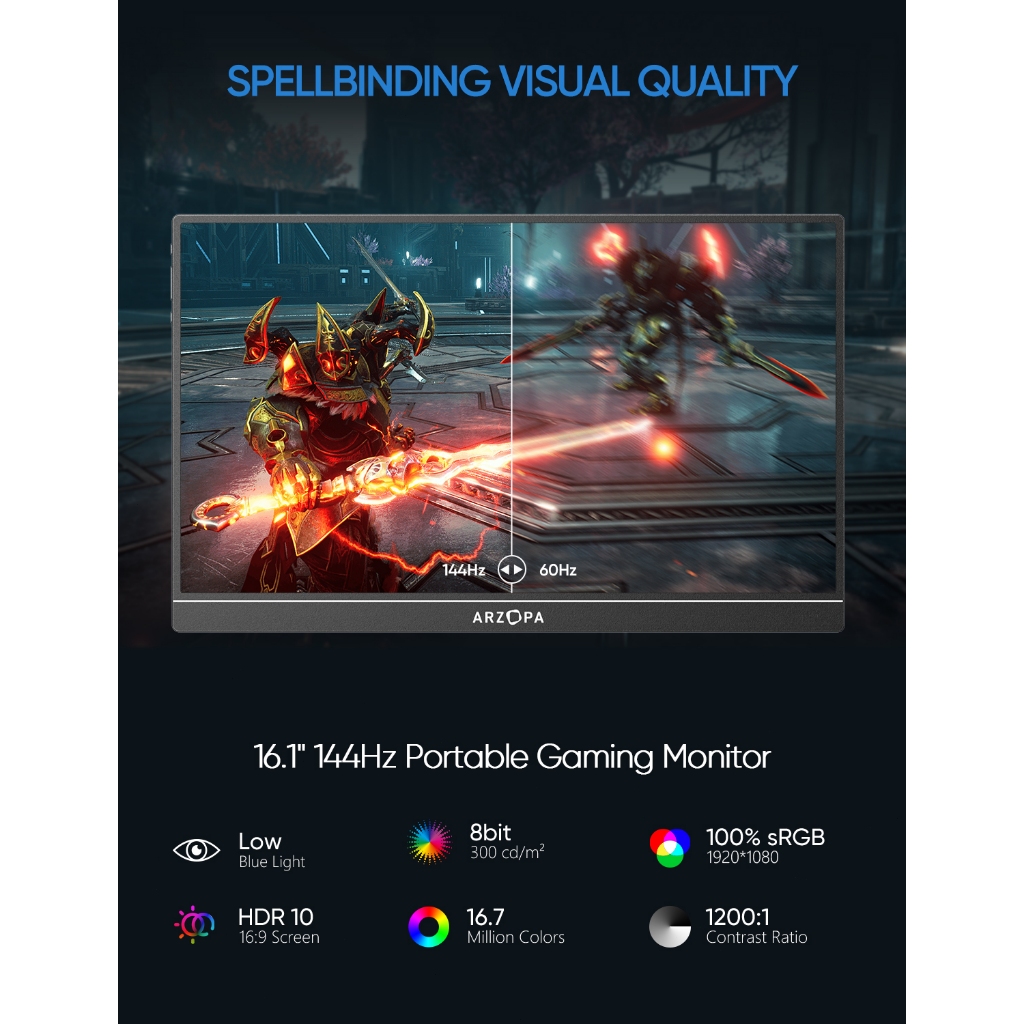 ARZOPA-Z1FC, 16.1'' 144Hz Portable Gaming Monitor, 100% sRGB, 1080P HDR ...