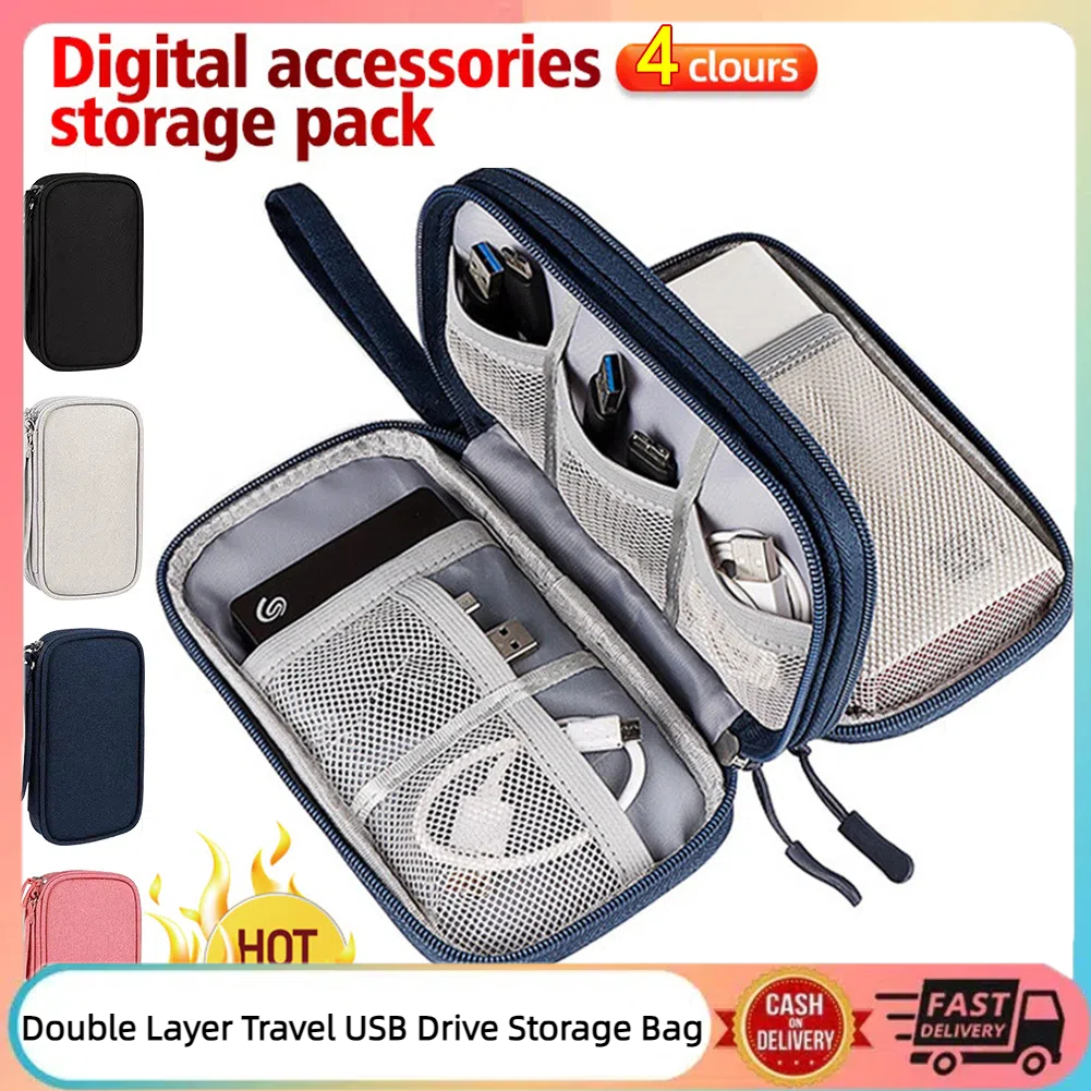 Double Layer Travel USB Drive Storage Bag Earphones Protection Cable ...