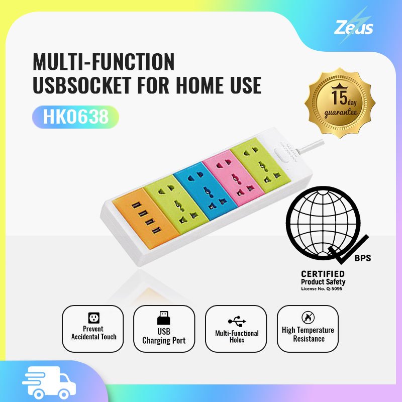 Zeus Extension Cord Long Plug Socket Extension with 4 USB Charging ...