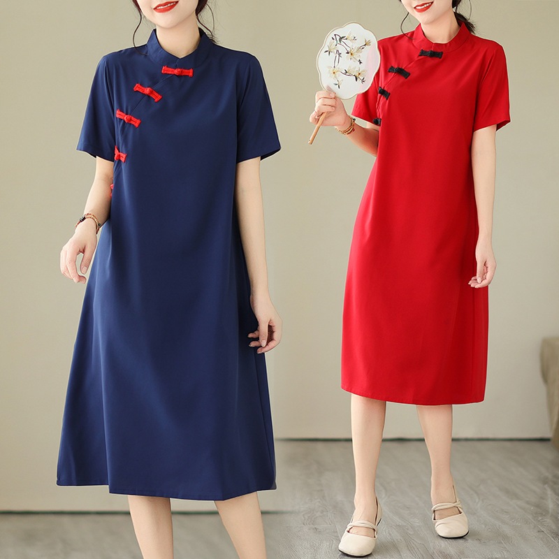 Women Short Sleeve Cotton Linen Cheongsam Dress Ladies Qipao Dresses ...