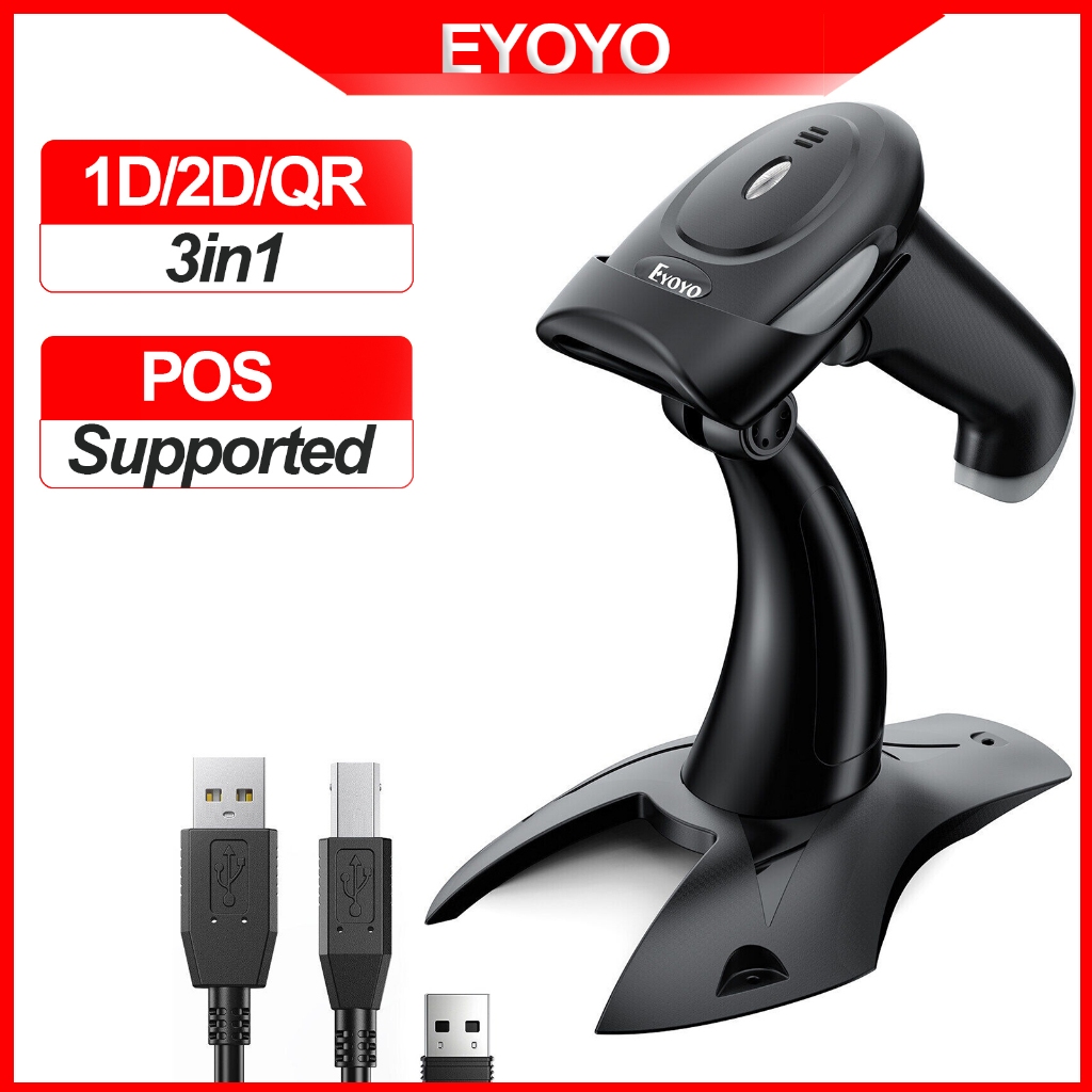 Eyoyo Handheld 1D 2D Wireless Barcode Scanner – With Stand, QR Code Scanning | USB Wired Option ...