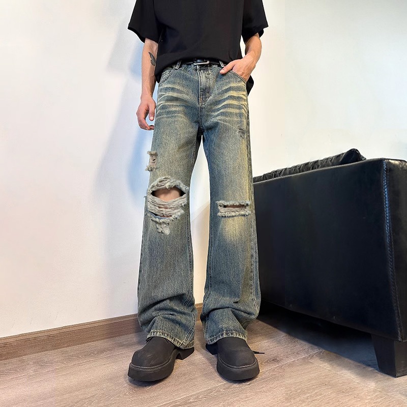 Maong for men baggy retro ripped straight jeans casual long pants for ...
