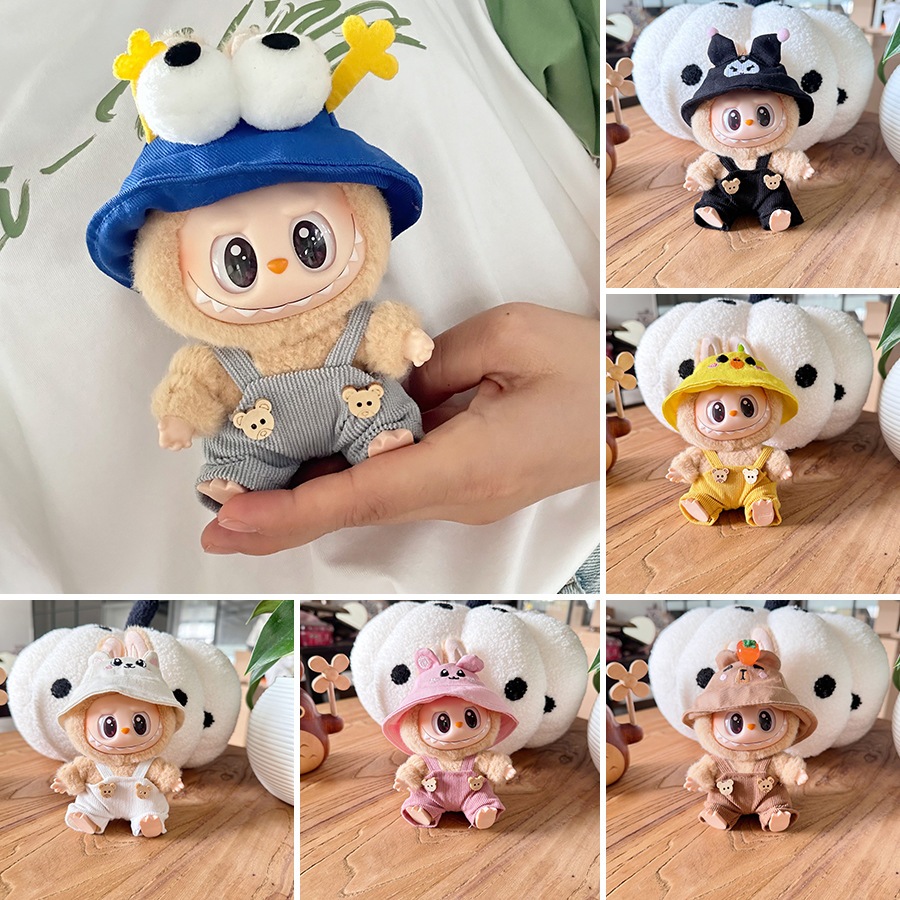 Labubu Macarons Clothing Set 17cm Cute Cartoon Overalls + Labubu Hat ...