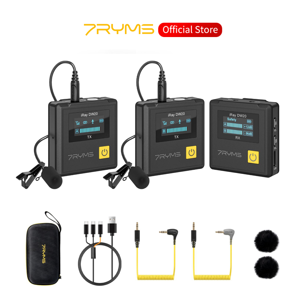 7RYMS iRAY DW20 Wireless Lavalier Microphone, 2.4G Dual-channel Wireless Mic with LCD Screen ...