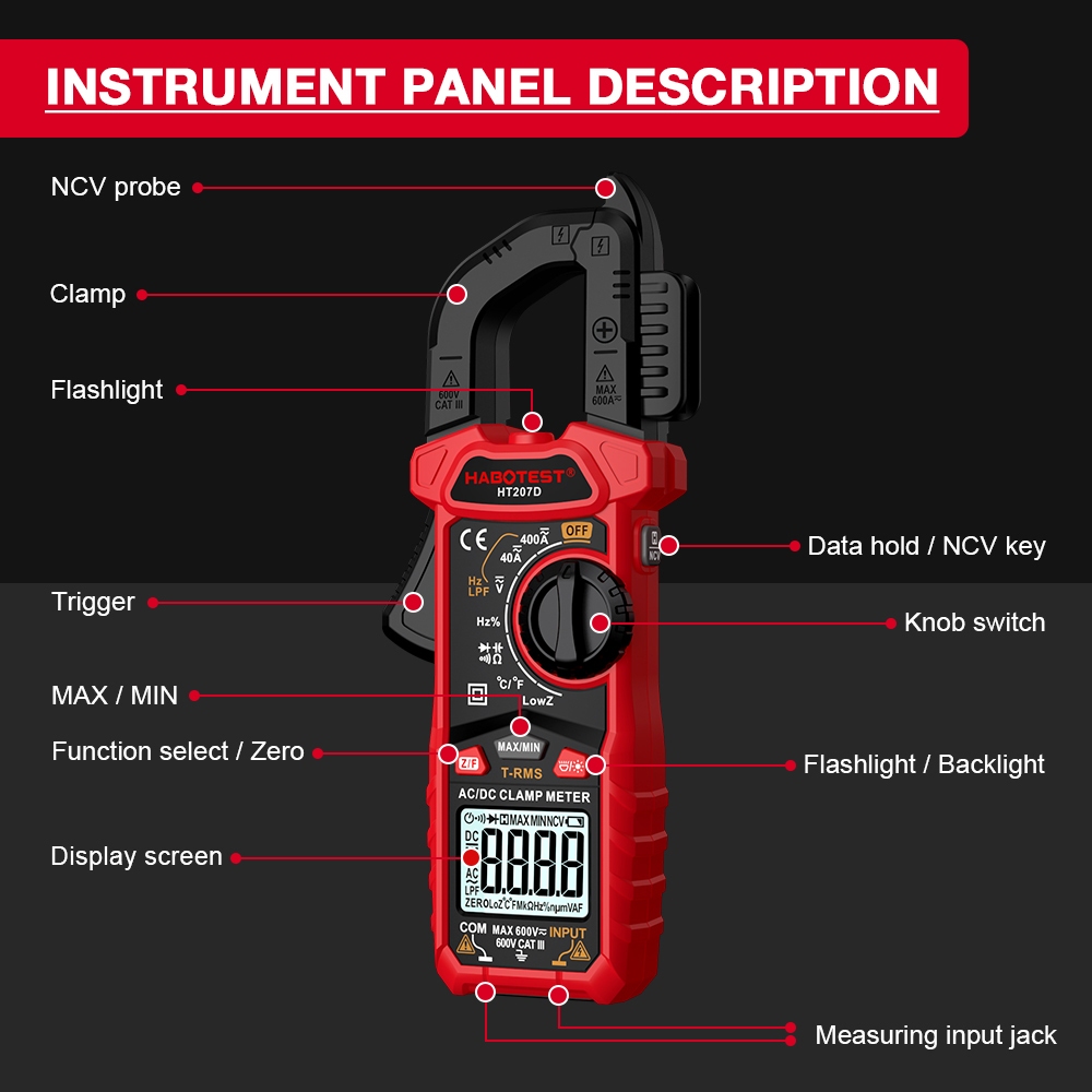 HABOTEST HT207 AC DC Digital Clamp Meter Multimeter Pinza Amperimetrica ...