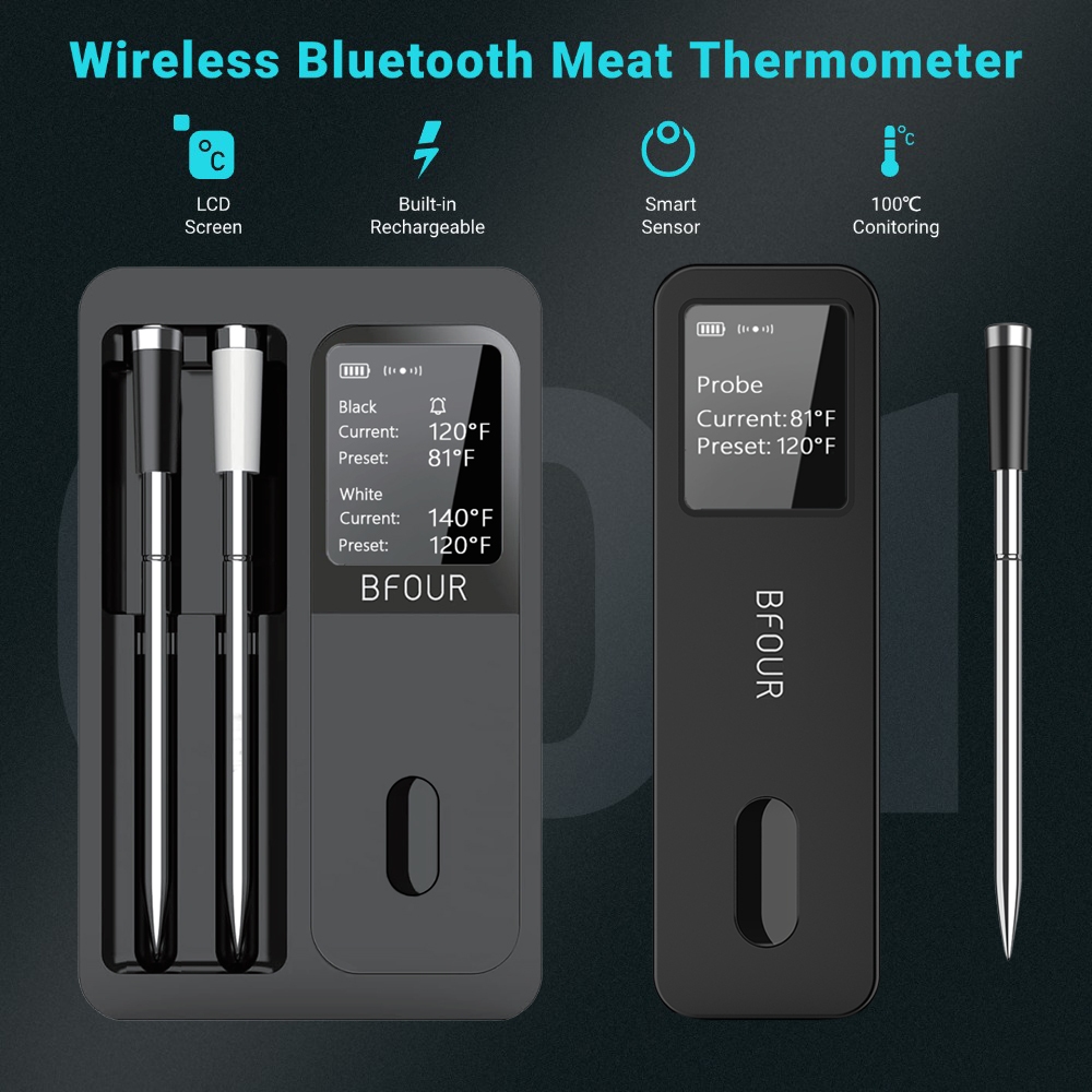 Wireless Bluetooth Meat Thermometer Probes with LCD Screen Booster ...