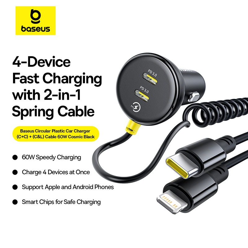 Baseus Circular Plastic Car Charger (U+C) + (C&L) Cable 60W | Shopee ...