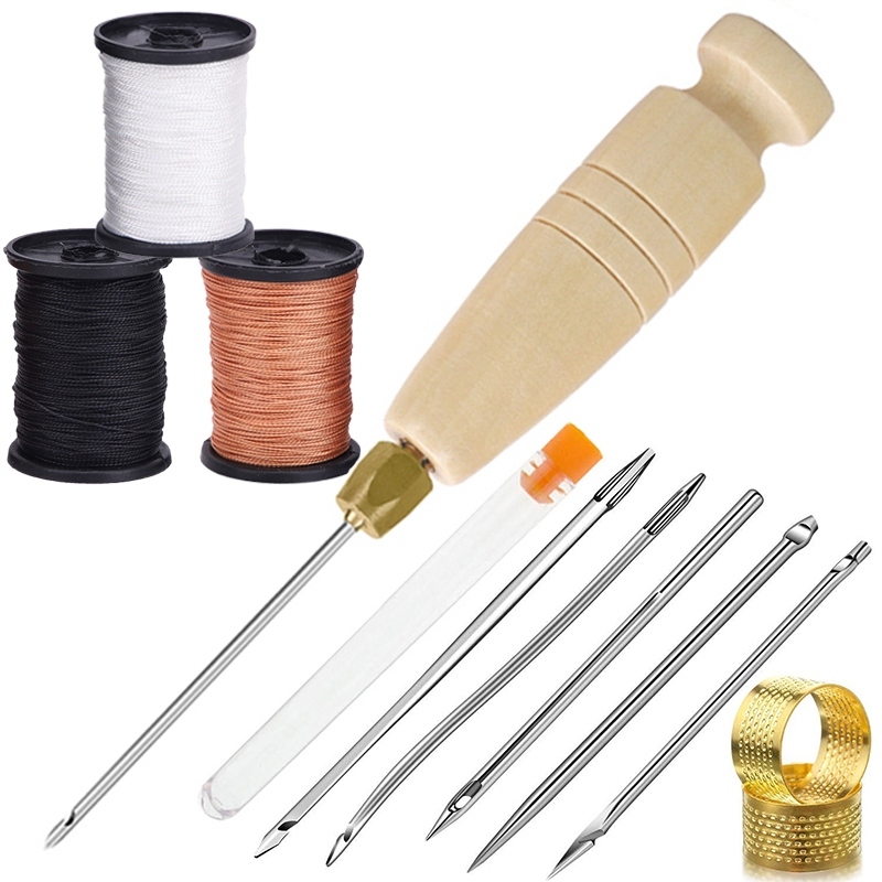 Leather Sewing Set Durable Wooden Handle Awl 6pc Needles Thread For Shoes Repairing Handmade ...