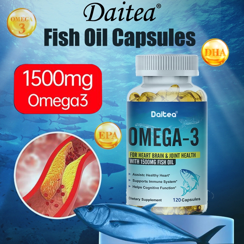 DAITEA Omega-3 Fish Oil Capsules Enriched with DHA EPA Anti-Aging, Skin, Eyes, Heart, Brain ...