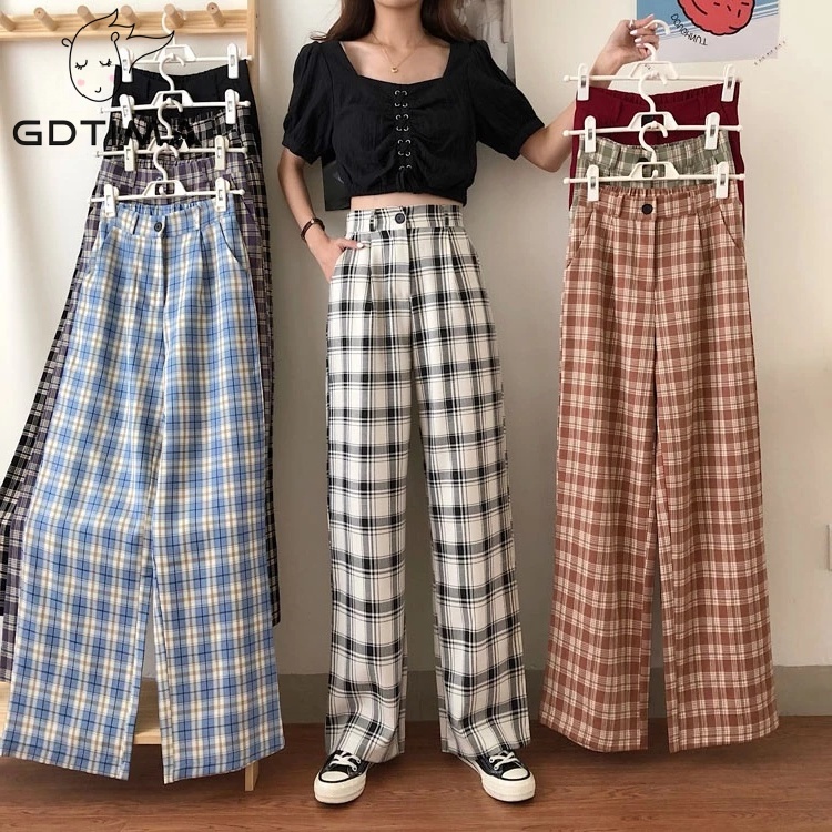 GDTIMA Korean Style Polyester Plaid Wide Leg Pants For Women Plus Size ...