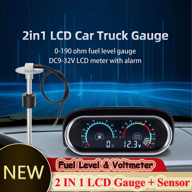 0-190ohm Fuel Gauge 2-in-1 LCD Auto Instruments Digital Voltmeters Volt ...