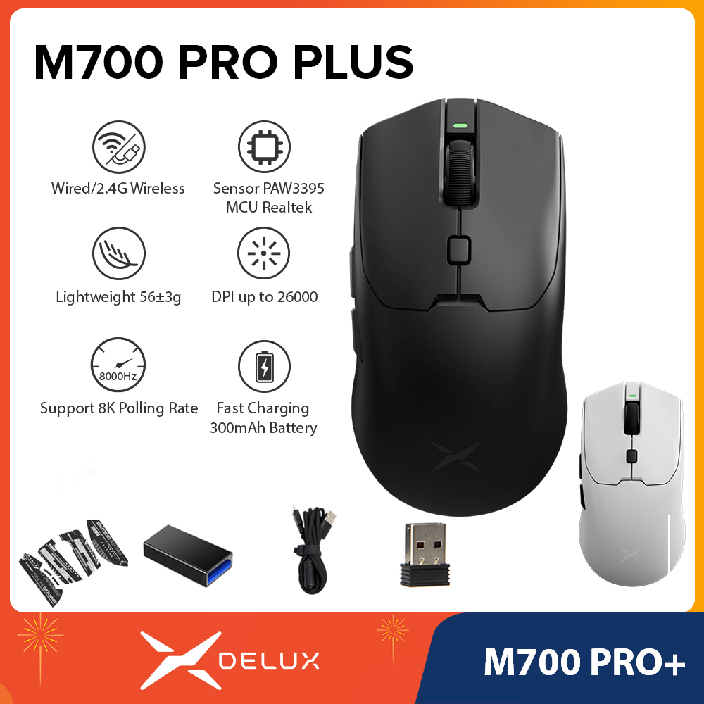 DELUX M700 PRO PLUS PAW3395 26000DPI 8000Hz 50G ACC Programmable Wireless Gaming Mouse 56g ...