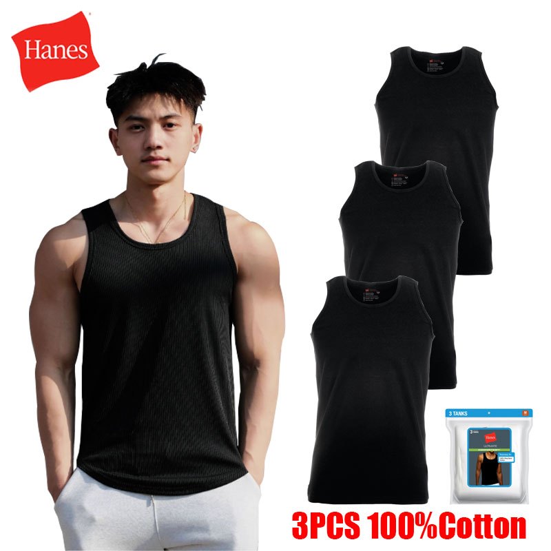 Hanes 3PCS Mens Sando Tagless Tanks Black T-shirts M-3XL | Shopee ...