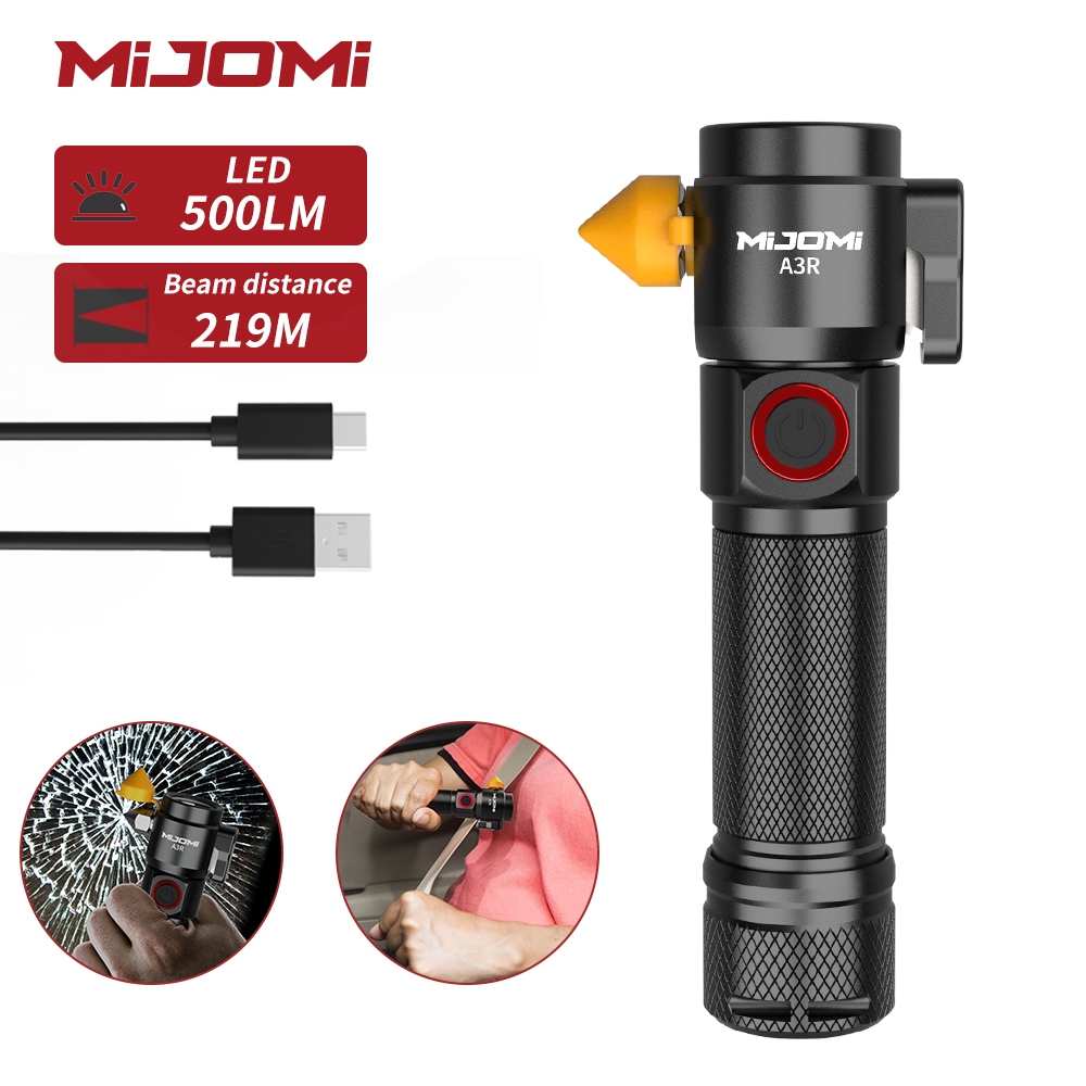 Mijomi Rechargeable Flashlight A3R Car Safety Hammer Flashlight with ...