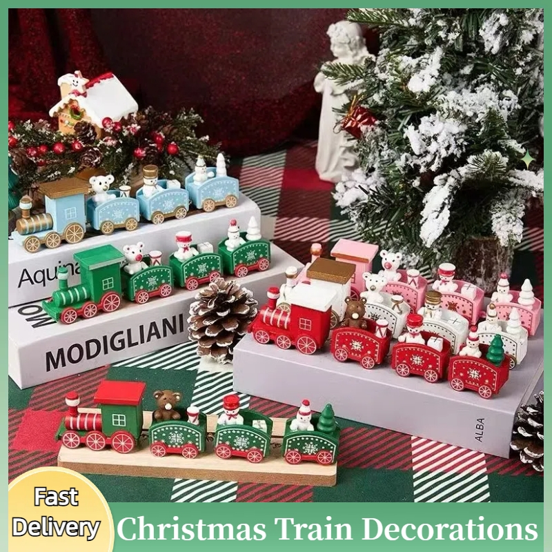 Wooden Christmas Train With 4 Sections Small Train Decorations Children ...