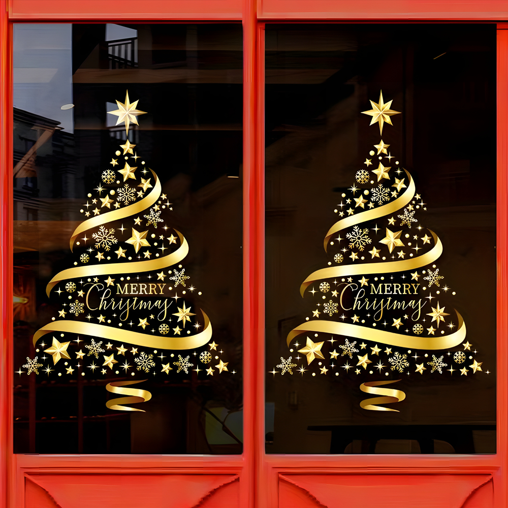 Big Golden Xmas Tree Window Stickers for Christmas Decoration Glueless ...