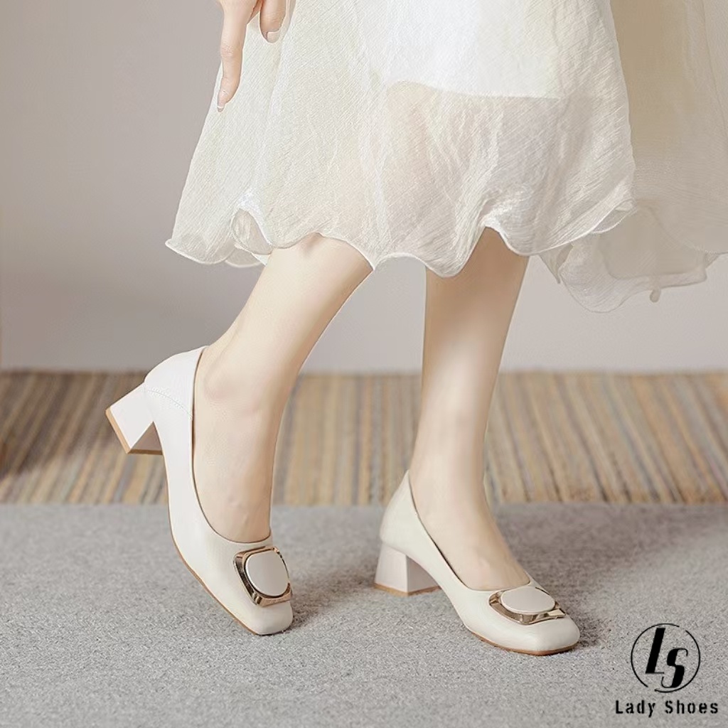 [LS] Elegant Close Shoes for Women with Heels Soft Leather Block Heels ...