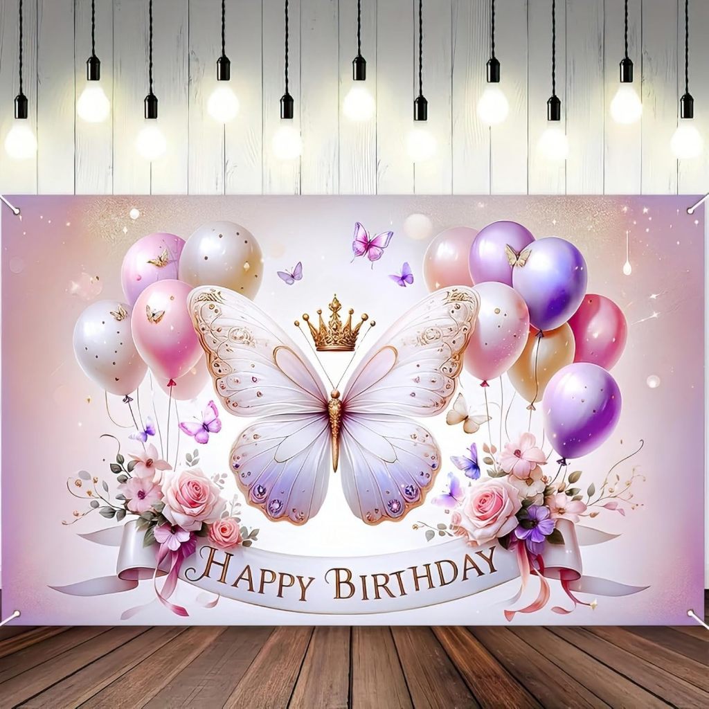 5x3ft Pink Butterfly Happy Birthday Backdrop Banner Colorful Flower ...