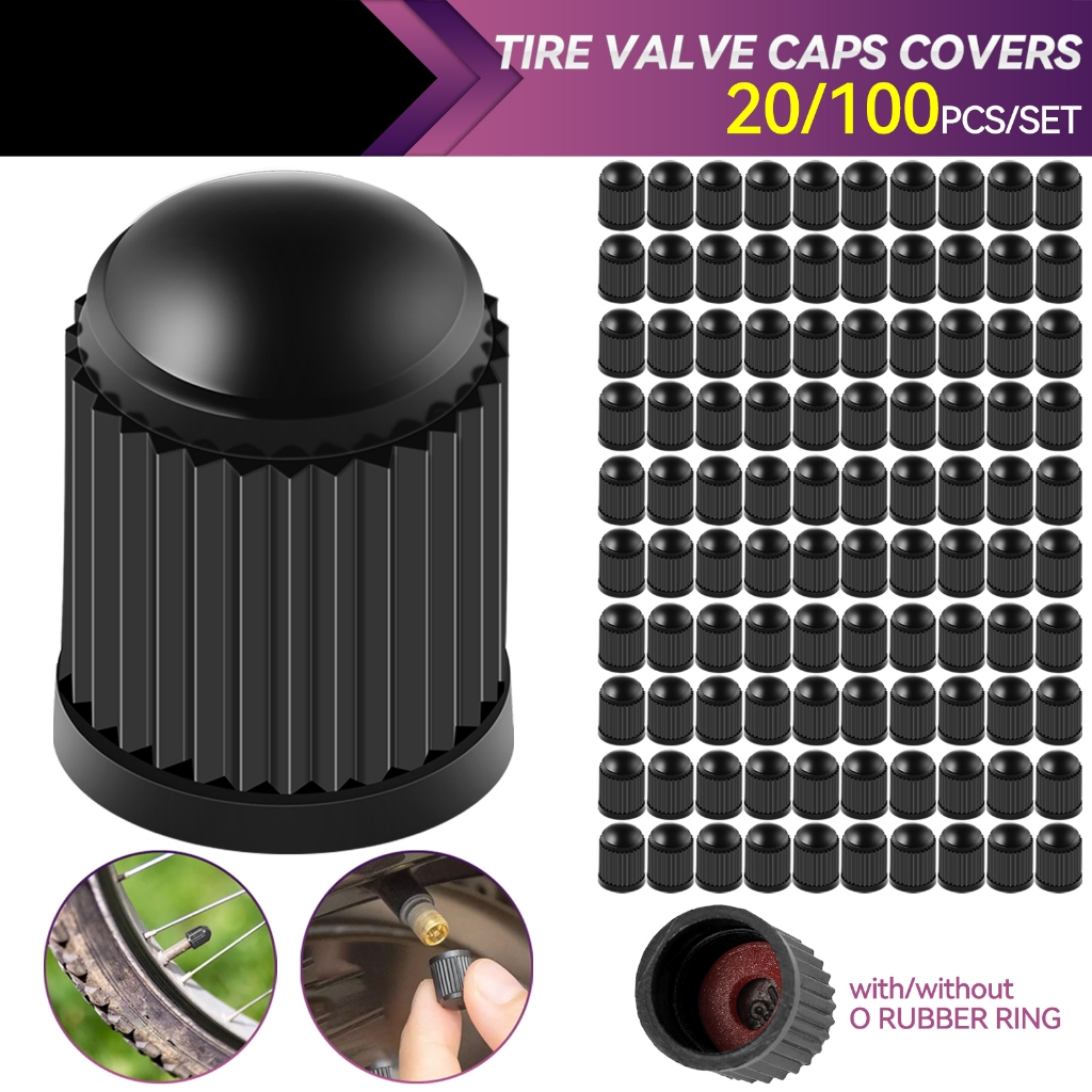20/100PCS Universal Black Plastic Dust Valve Caps with O Rubber Ring ...
