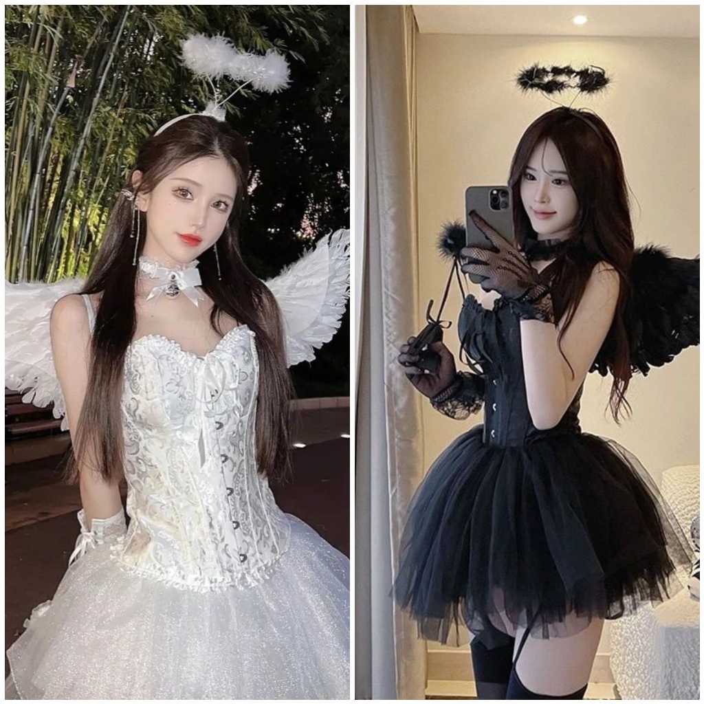 Halloween Costume Halloween cos Black White Angel Super Fairy Sweet Hot Girl Jacquard Vest ...