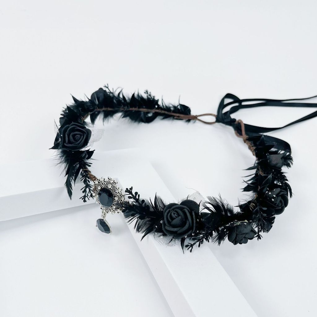 Black Elf Flower Crown Gothic Raven Skull Headpiece Witch Headband Dark ...