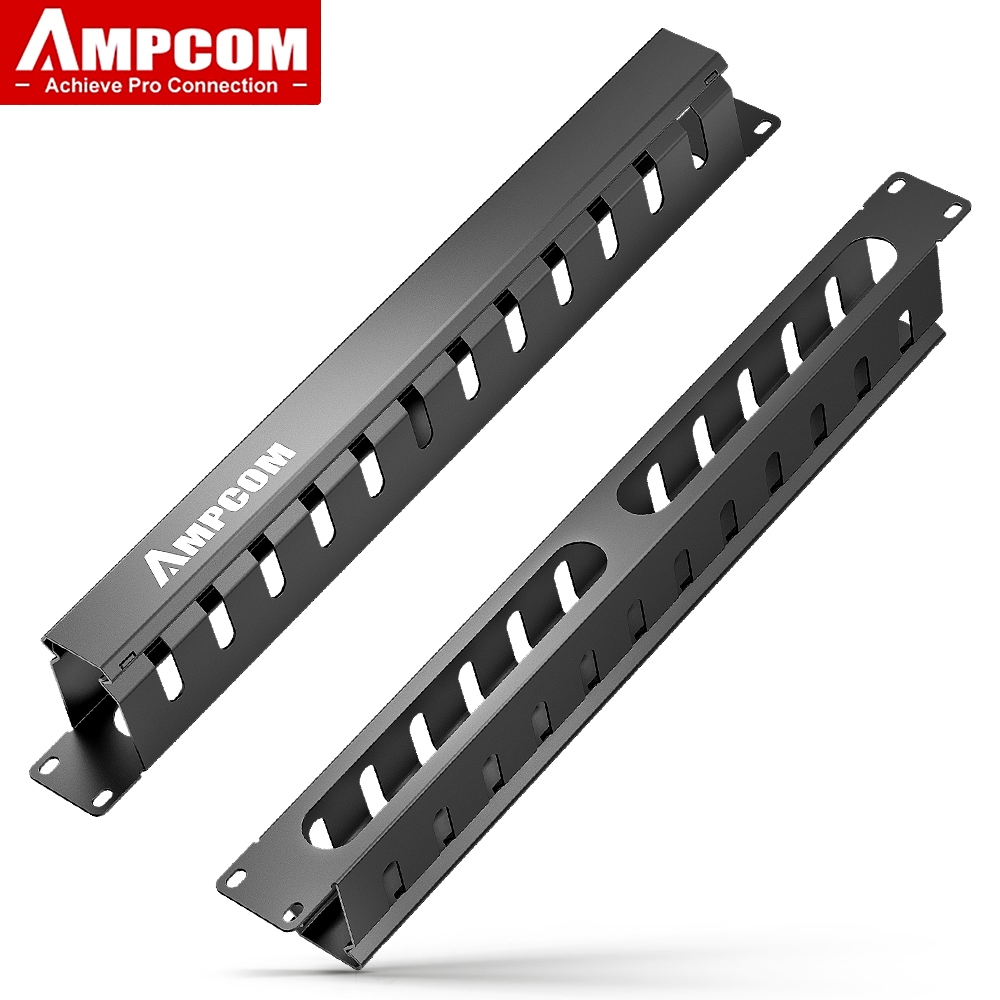 AMPCOM 1U Rack Mount Cable Management 19 inch, 12/24 Slot Metal Finger ...