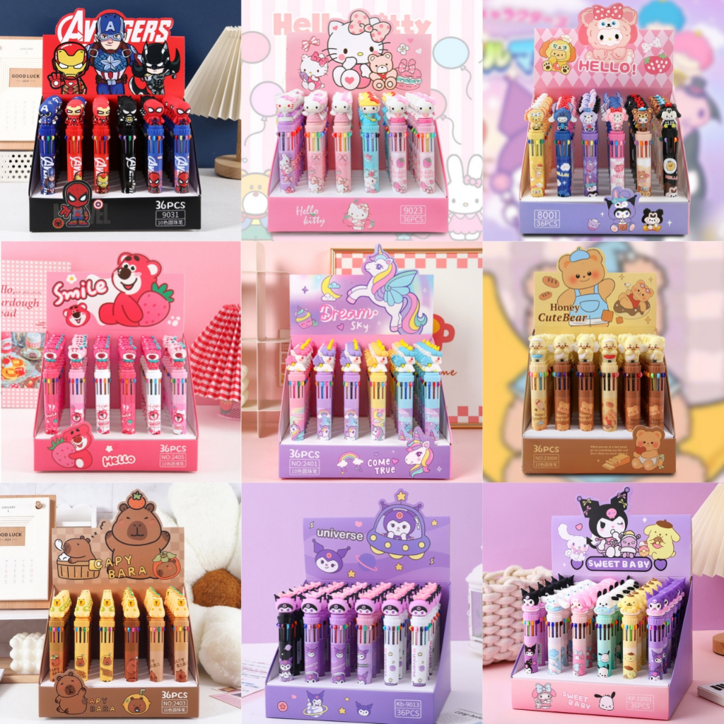 Cute Doll 10 Color Pen Cartoon Push Type Multicolor Ball Pen Student ...